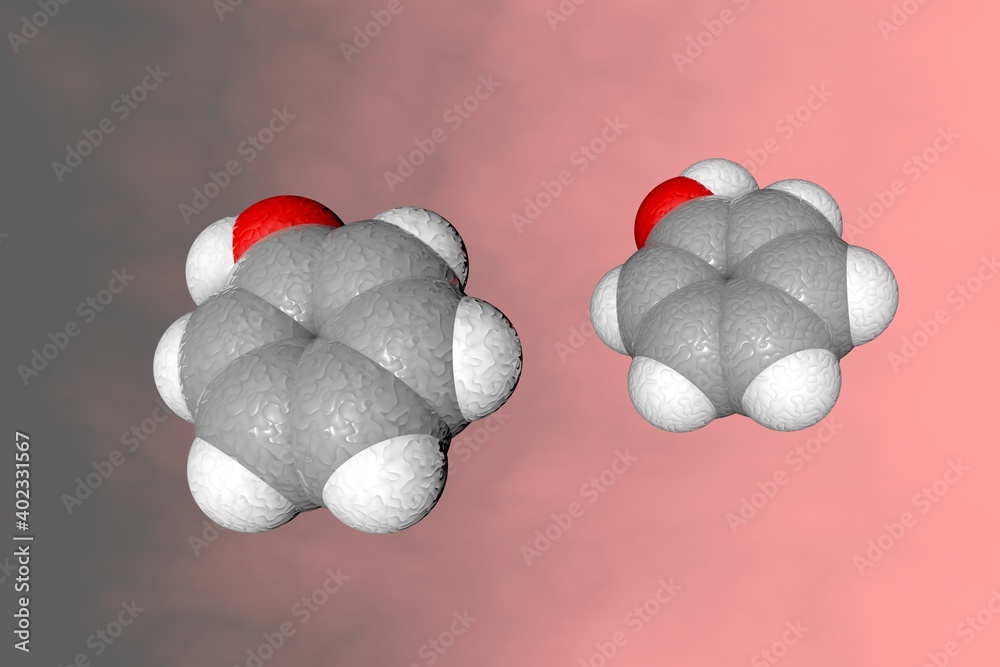 Molecular model of phenol. Atoms are represented as spheres with ...