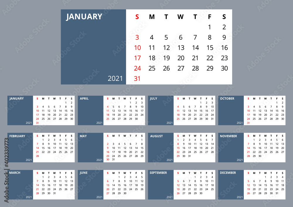 Simple 2021 Year Calendar. Week Starts On Sunday Stock Vector | Adobe Stock