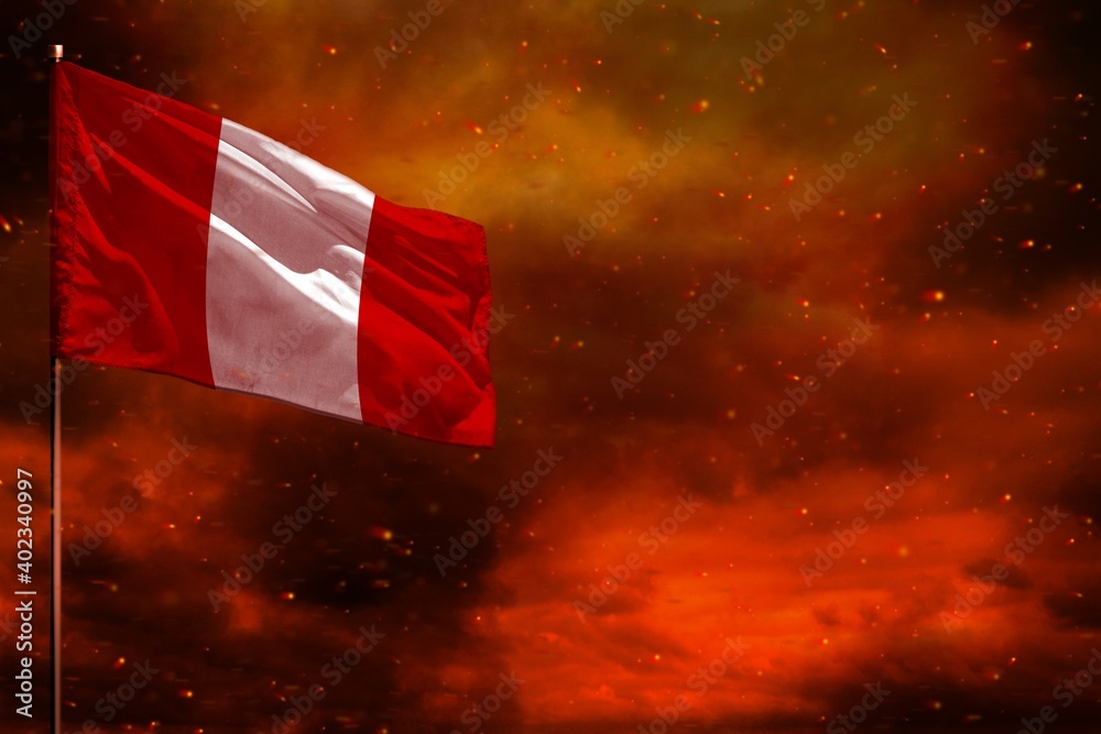 Fluttering Peru flag mockup with blank space for your text on crimson ...