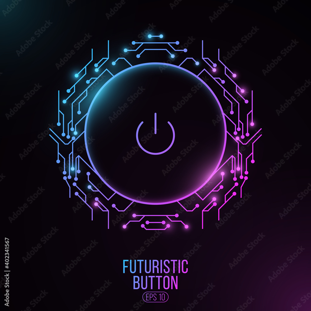 Futuristic power button with computer circuit board. HUD interface ...