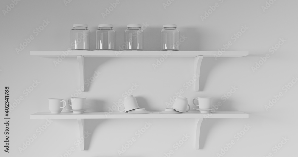 3d render Front view of empty shelf on white table showcase and wall ...