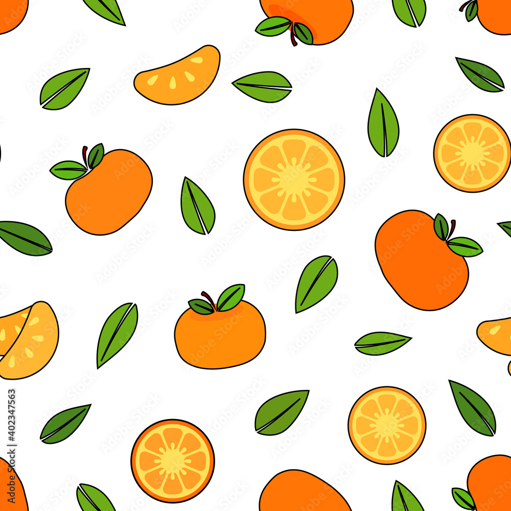 Tangerine orange and leaves, with black outline cartoon vector illustration over white ...