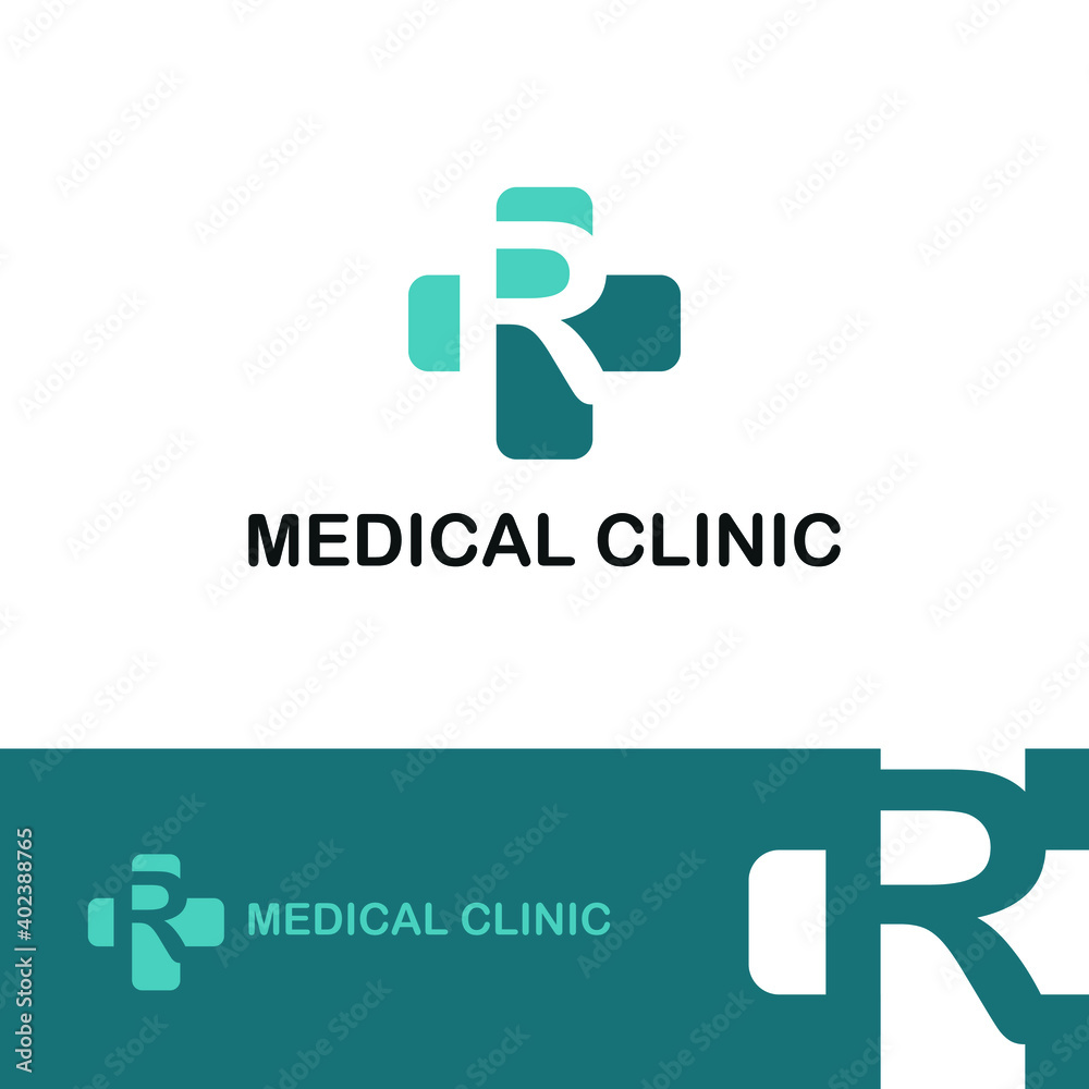 Initial letter R on medical cross icon for healthy, health care, and ...