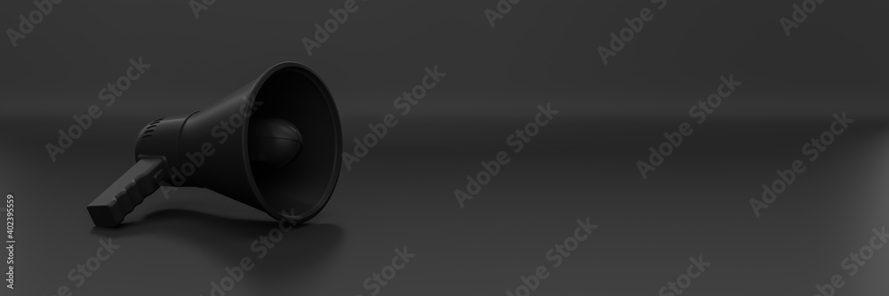 Black megaphone with black background and space for text. Concept ...