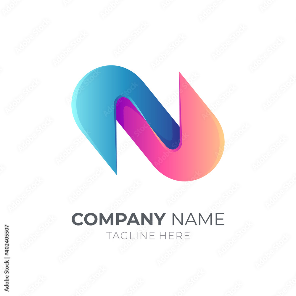 Connected letter N logo with 3d shape in gradient blue and orange color ...