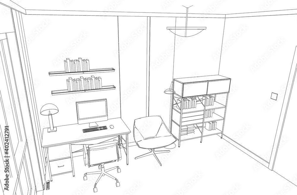 3d Illustration Of A Home office Work Area In Hidden Line Style 3d-illustration-of-a-home-office-work-area-in-hidden-line-style