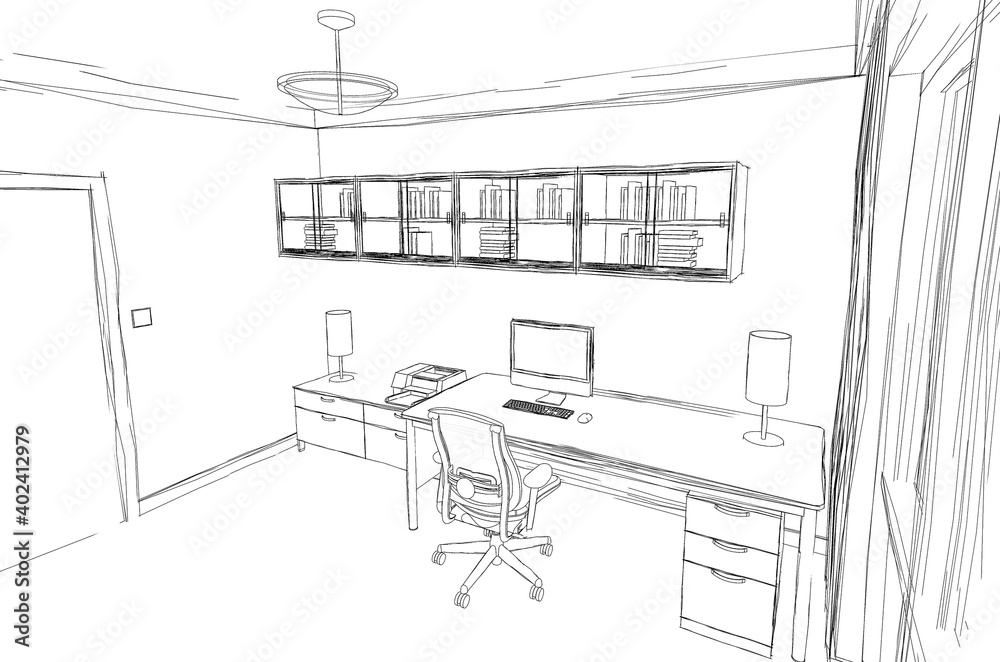 3d illustration of a home-office work area in hand sketch style ...