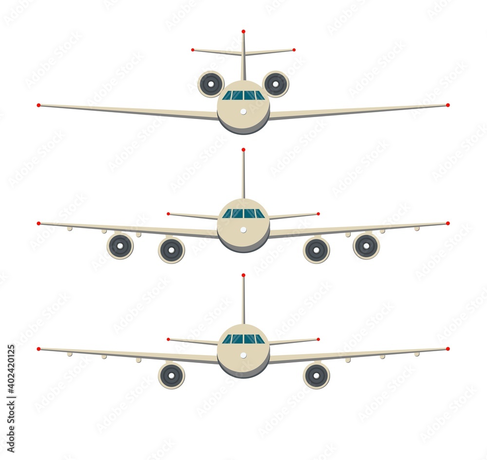 Airplane front view. Passenger or commercial jet isolated on background ...