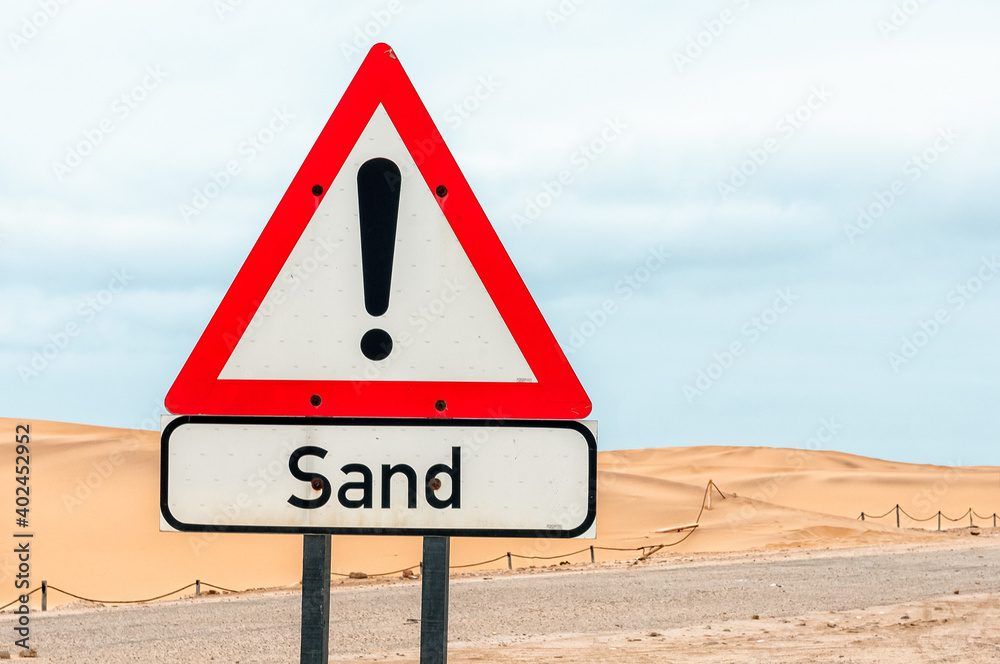 Sand road warning sign on road B2 at Swakopmund Stock Photo | Adobe Stock