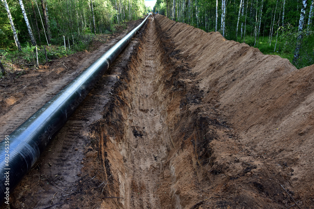 Crude oil and Natural gas pipeline construction work in forest area ...