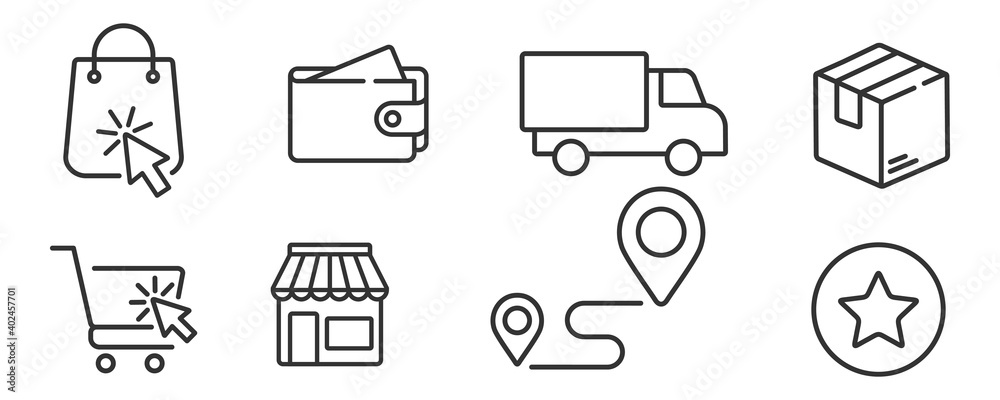 click and collect order, icon, delivery truck, delivery services steps ...
