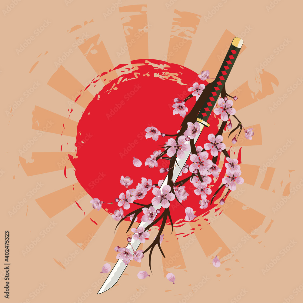 Japanese sword katana with sakura Stock Vector | Adobe Stock