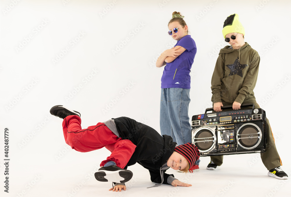 dancing children, breakdance group, boombox, white background, girl and ...