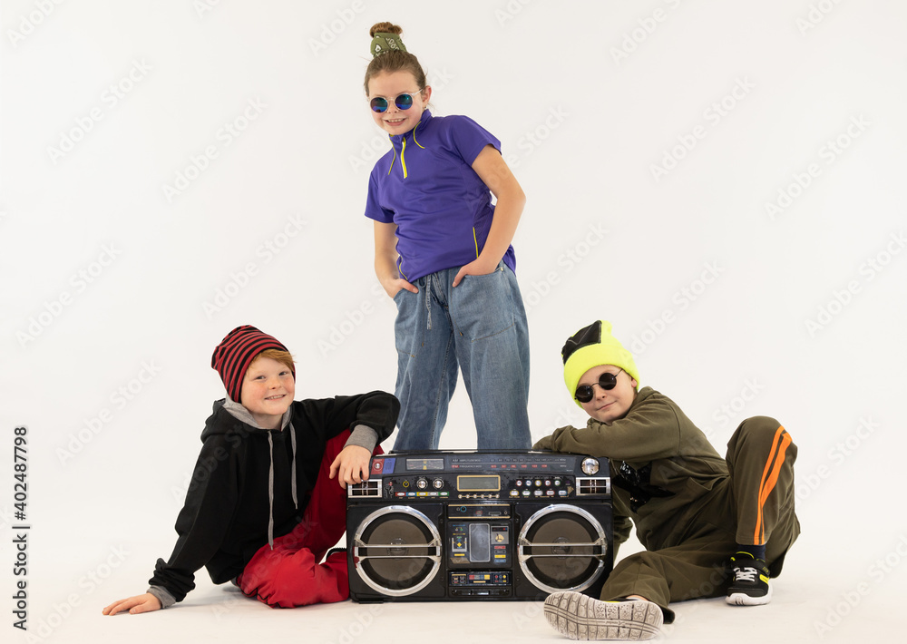 dancing children, breakdance group, boombox, white background, girl and ...