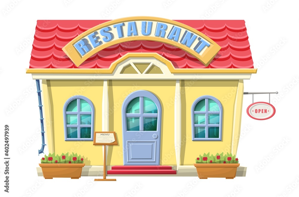 Vector cartoon style restaurant front view. Isolated on white ...
