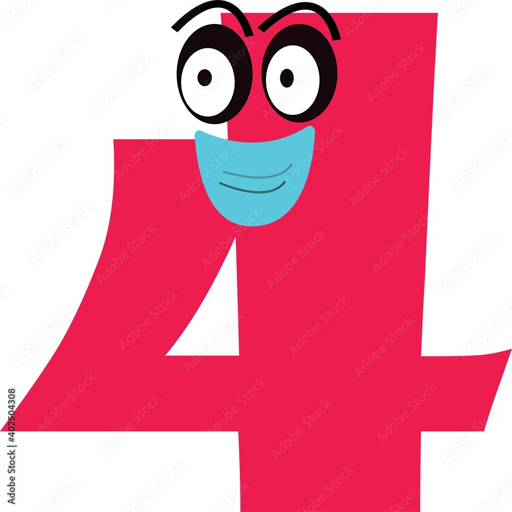 cute cartoon vector wearing mask in number four for kids on white ...