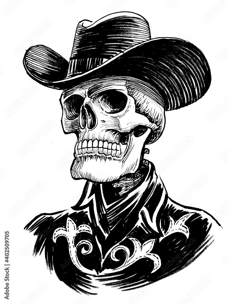 Dead cowboy in hat. Ink black and white drawing Stock Illustration ...