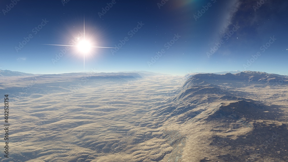 realistic surface of an alien planet, view from the surface of an exo ...