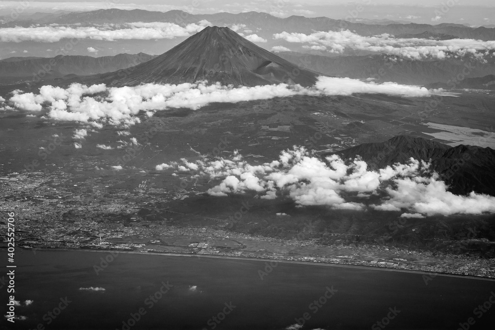Aerial airplane view of Mt. Fuji, tallest mountain and symbol of Japan ...
