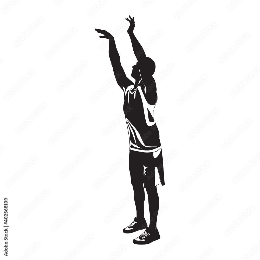 Professional basketball player silhouette shooting ball into the hoop ...