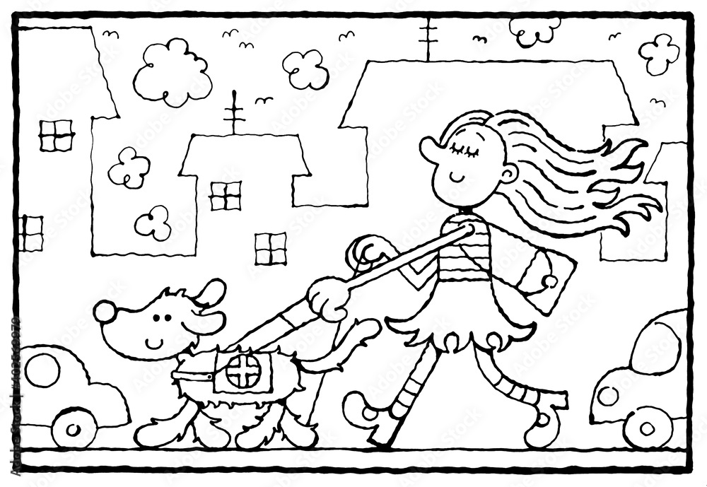 blind girl with guide dog crossing road, coloring page, black and white ...