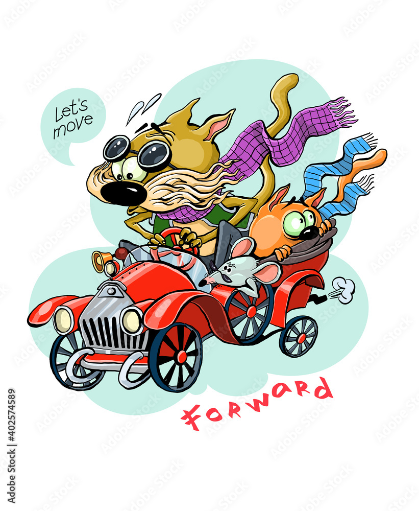 Vector color illustration. Funny characters of cat racing in an old ...