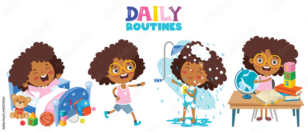 Little Kid Making Daily Routine Activities Stock Vector | Adobe Stock