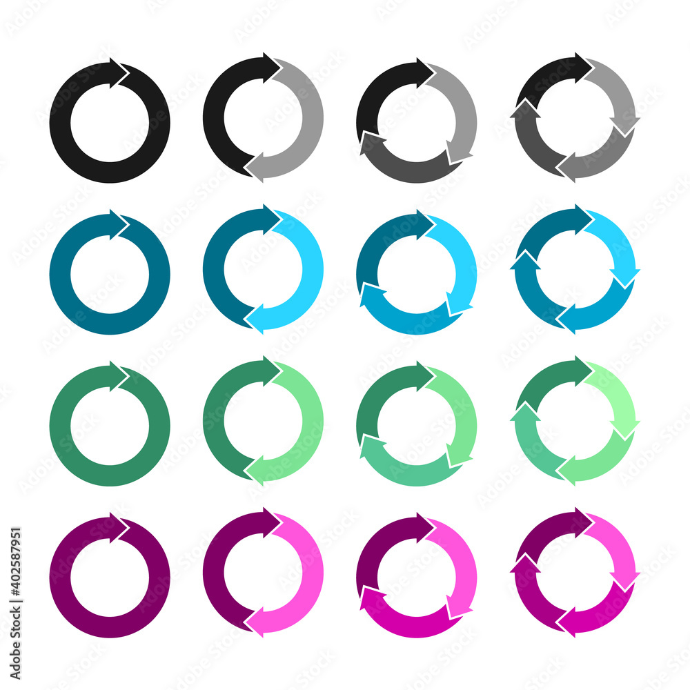 Circle arrows set in different colors rotating on white background. Refresh, reload, recycle ...