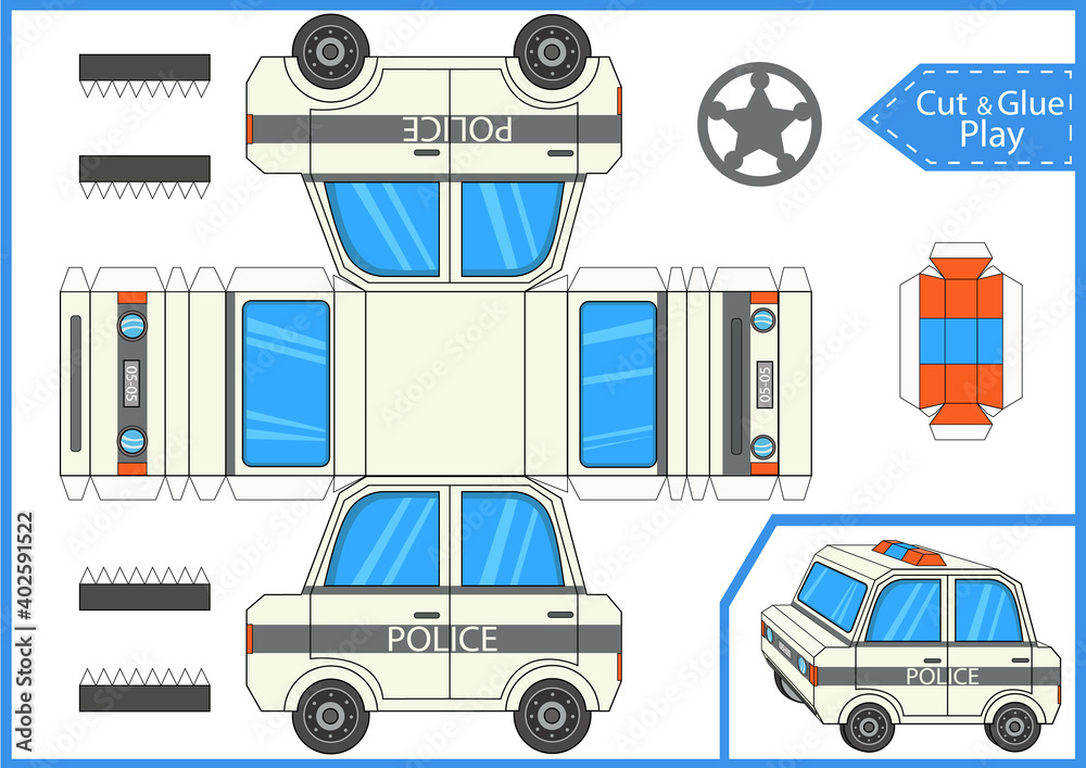 Cut and glue a cartoon police car. Worksheet with education riddle ...