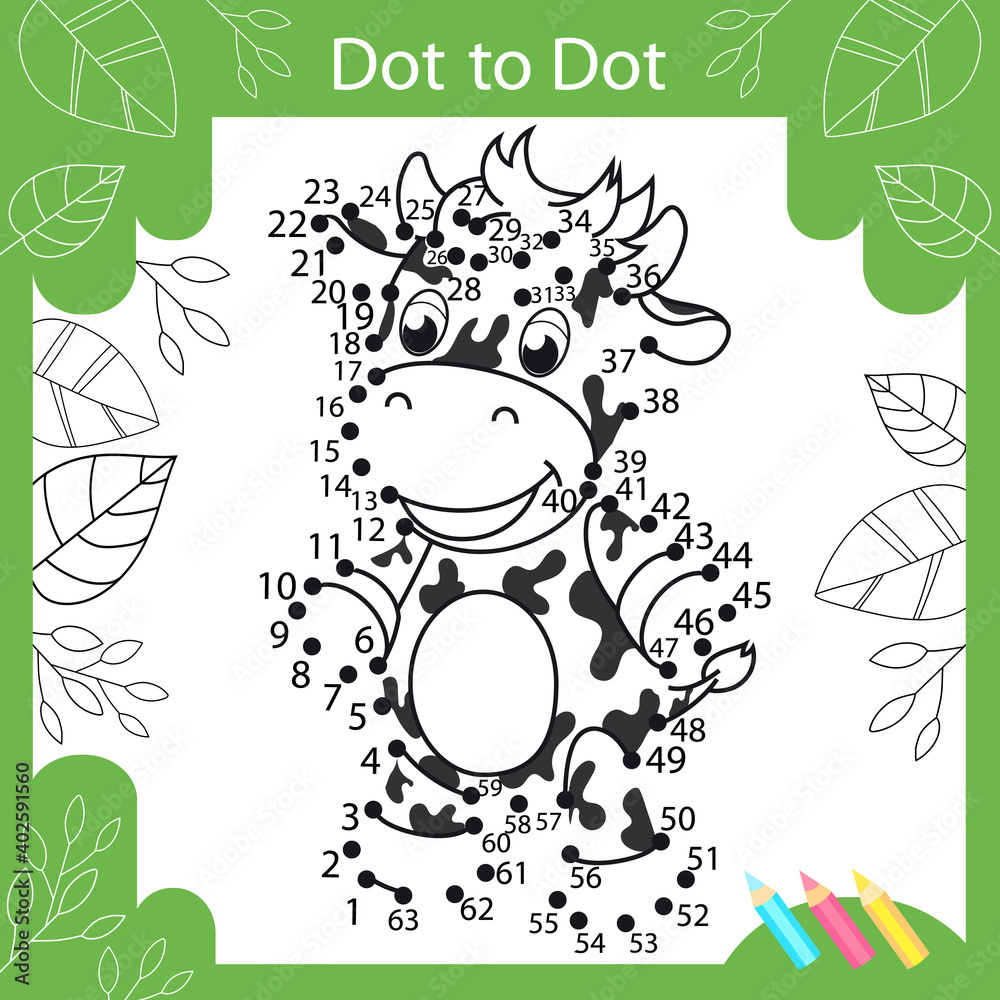 Dot to dot drawing worksheets. Drawing tutorial with cute cow. Coloring ...