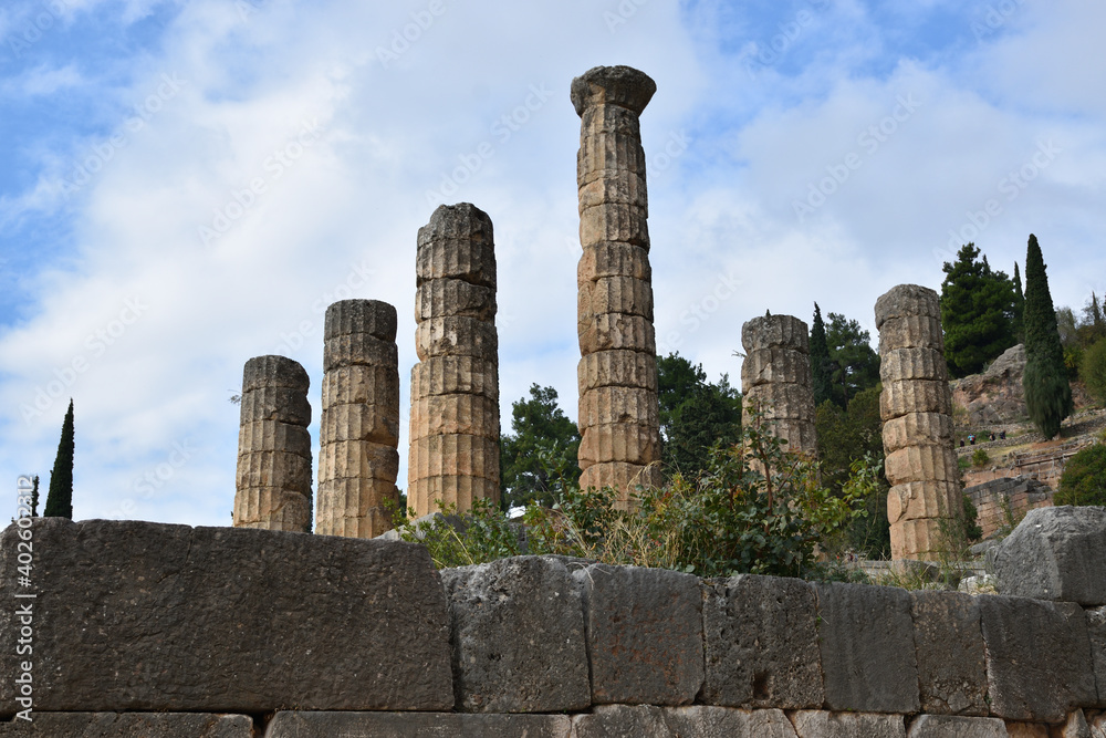 View of the main monuments of Greece. Ruins of ancient Delphi. Oracle ...