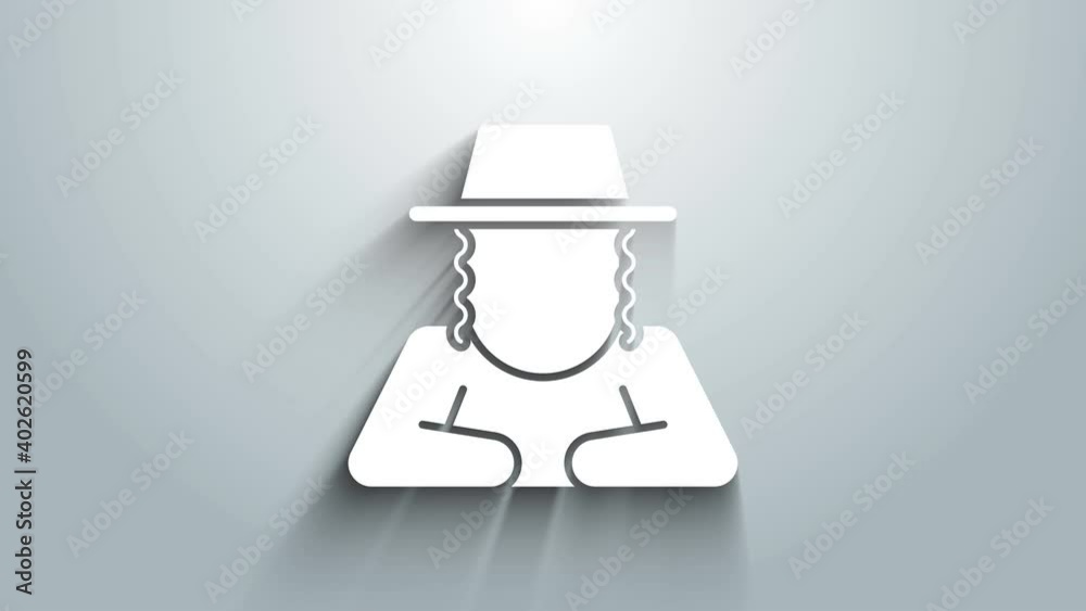 White Orthodox jewish hat with sidelocks icon isolated on grey ...