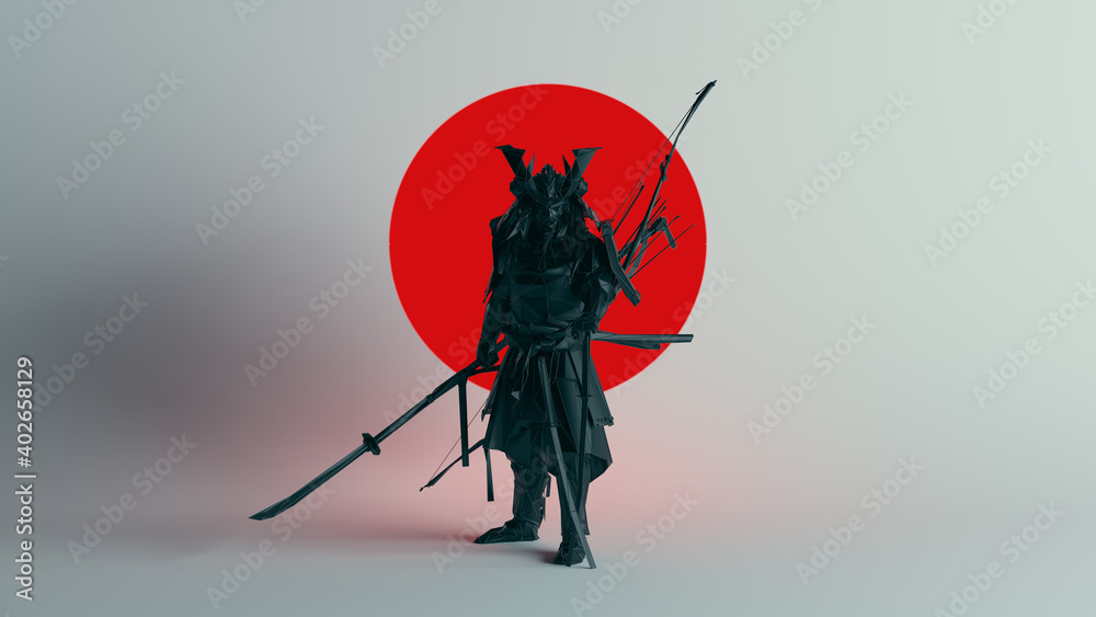Black Samurai Polygon Form with Large Red Sphere Circle with White ...