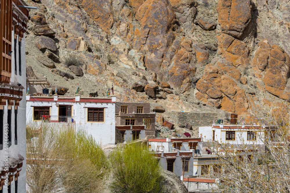 Tibetan traditional wooden buildings of Hemis monastery in the valley ...