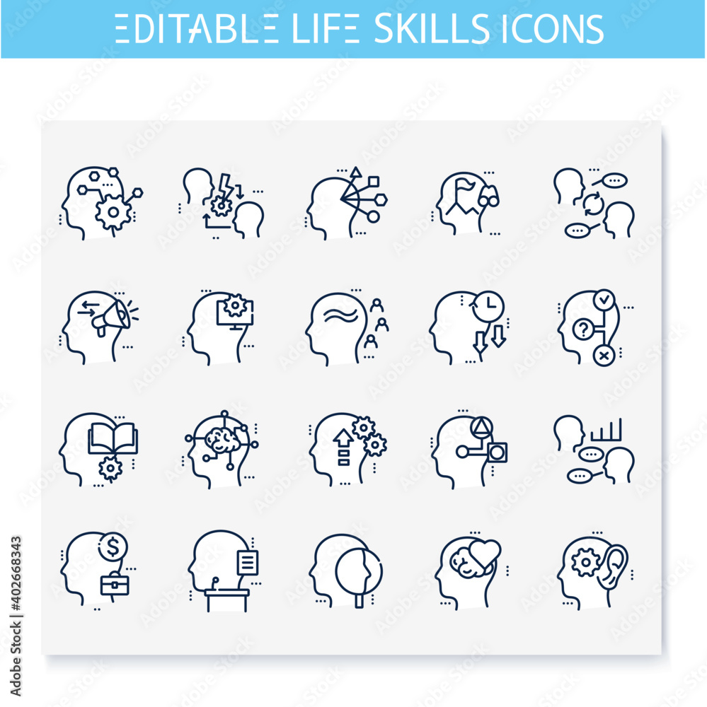 Life skills line icons set. Personality strengths. Cognitivity ...