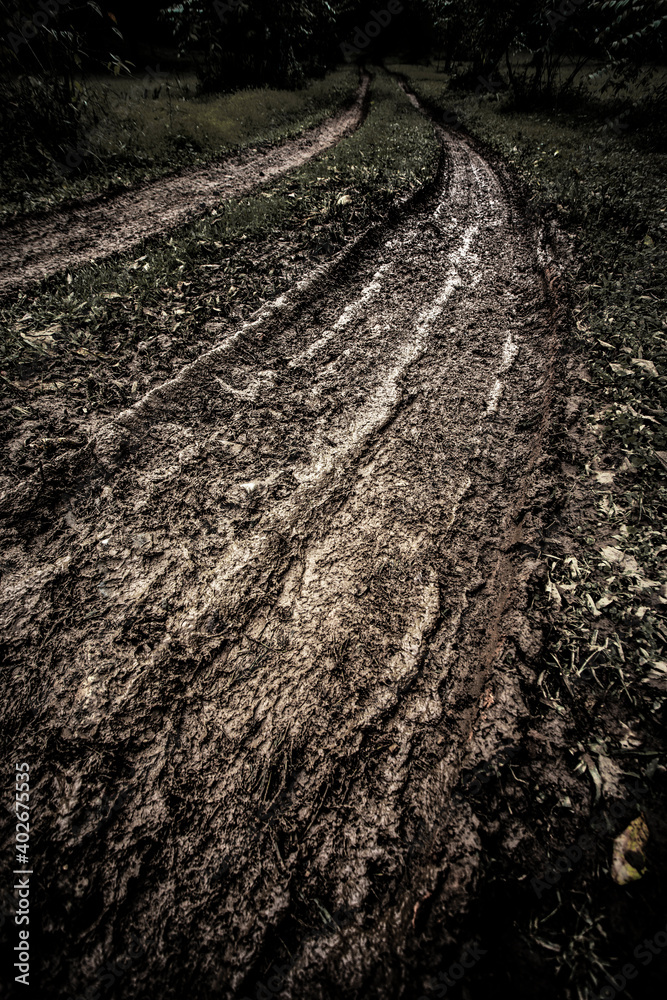 Tyre track on dirt sand or mud, Picture in retro or grunge tone. Car ...