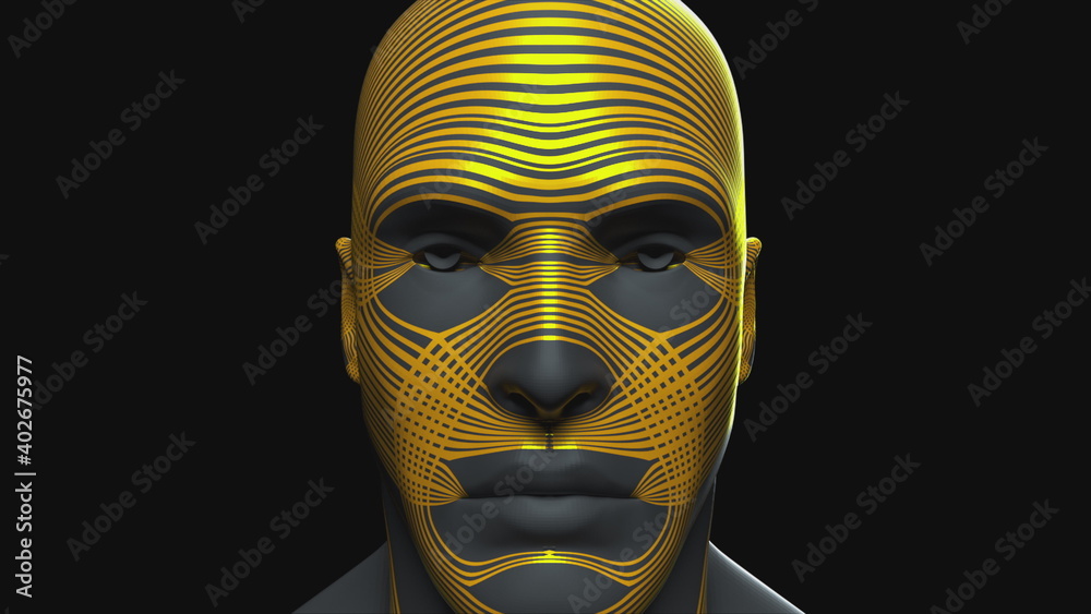 Demonstration of the head and face of a golden man. Computer generated ...
