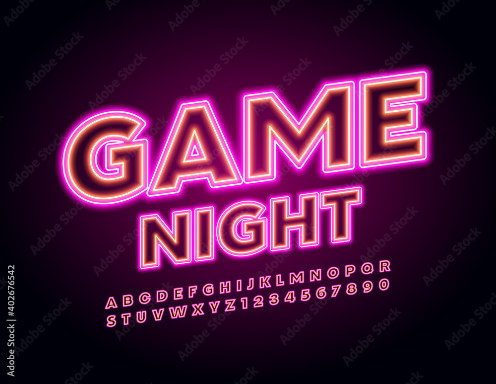 Vector neon poster Game Night. Bright electric Font. Glowing light ...