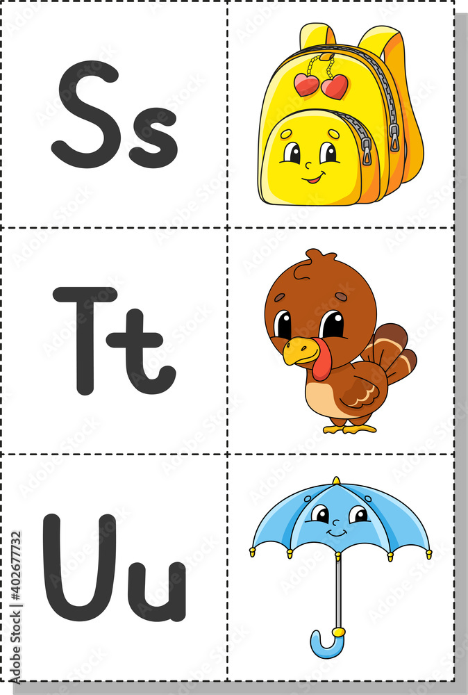 English alphabet with cartoon characters. Flash cards. Vector set ...