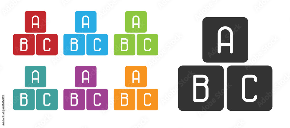Black ABC blocks icon isolated on white background. Alphabet cubes with ...
