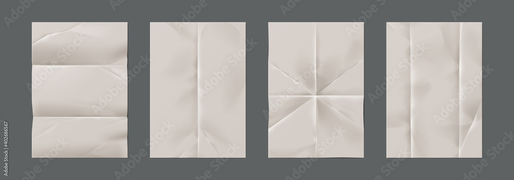 Wrinkled paper. Realistic blank pages with crumpled effect. Isolated ...