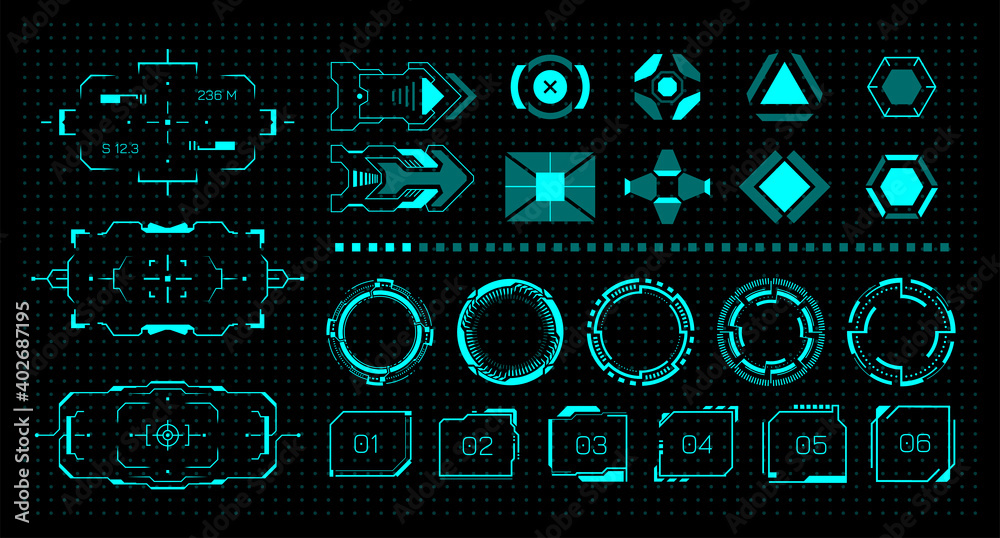 HUD kit. Futuristic virtual game UI. Neon buttons and frames. Modern ...