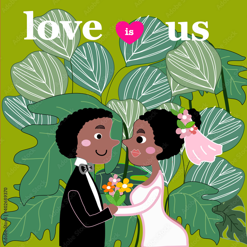 love is valentine card .couple bride and groom on nature greenery ...