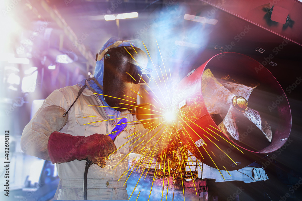 Workers Welding process for ship repair on board wear equipment ...