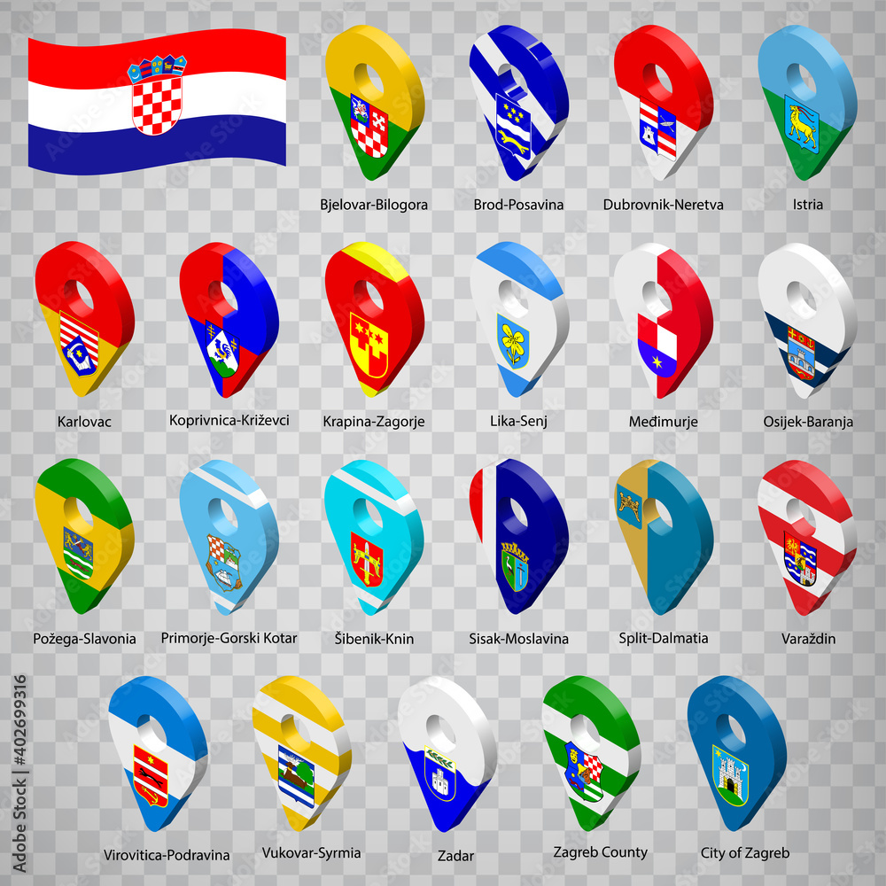 Twenty one flags the Regions of Croatia - alphabetical order with name ...