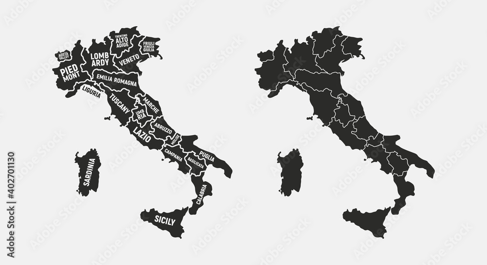 Set of Italy maps. Poster map of Italy with regions names. Blank Italy ...