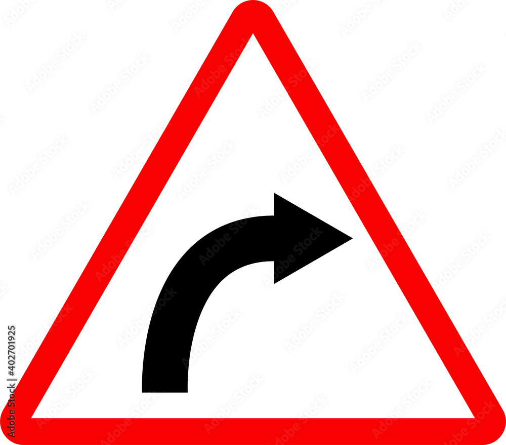 Right curve sign. Red triangle background. Traffic safety signs and ...