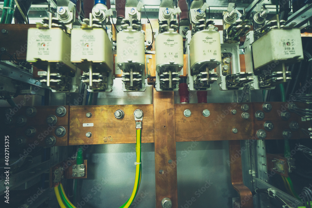 Copper busbar Battery Power DC system Industrial background Stock Photo ...