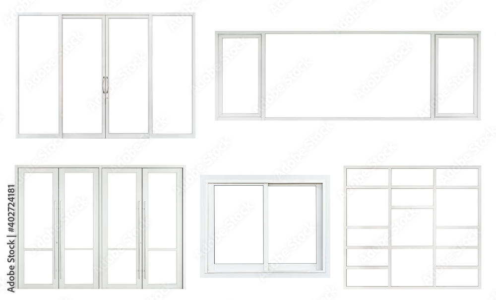 Real modern office window and door frame set isolated on white ...