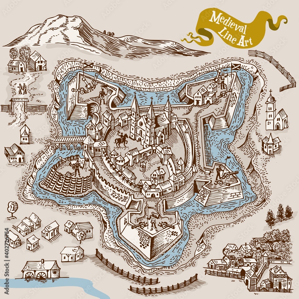 Medieval map elements engraving and woodcut style vector cartography ...